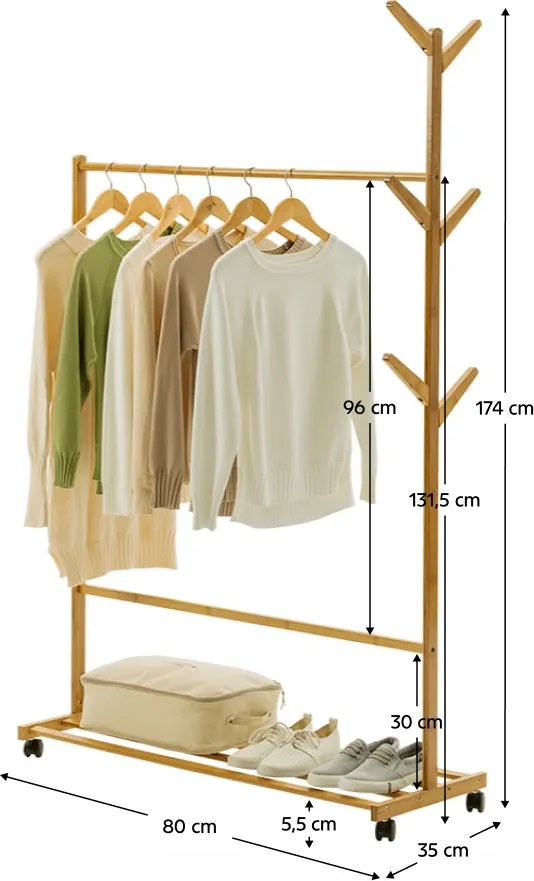 Pojízdný věšák, bambus, šířka 80cm, VIKIR TYP 2