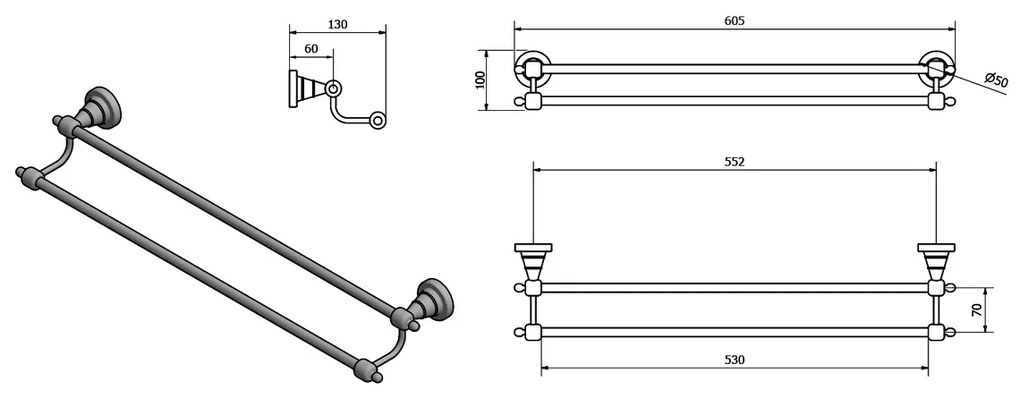 SAPHO 1318-11 Diamond dvojitý držák ručníků 60 cm, bronzová