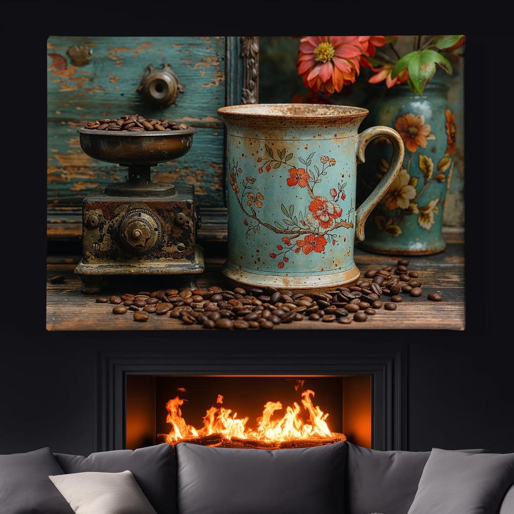 Obraz na plátně - Káva, květinový hrnek FeelHappy.cz Velikost obrazu: 150 x 100 cm