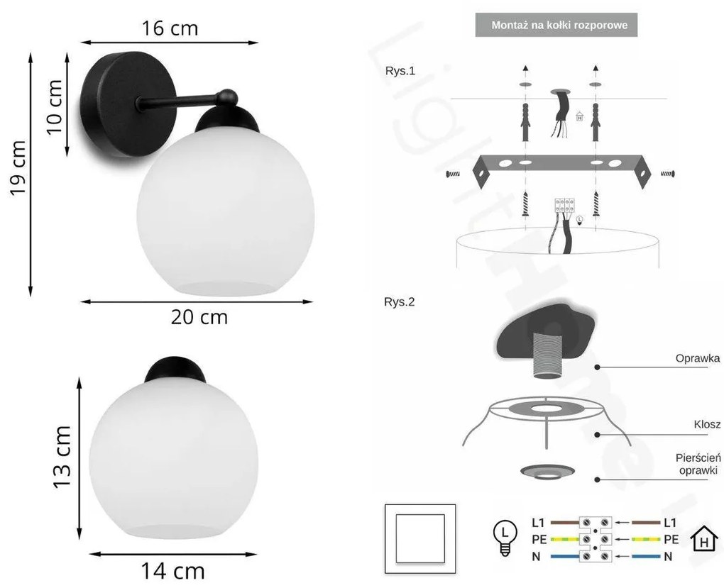 Nástěnné svítidlo Eliza 1, 1x bílé skleněné stínítko