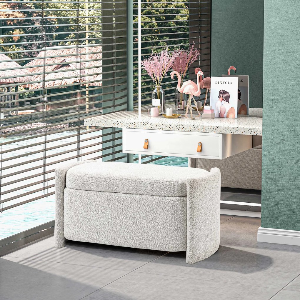 HOMCOM Sedací lavice, postelová lavice s úložným prostorem, čalouněná lavice s víkem, sametový vzhled, úložná lavice, krémová, 105 x 44 x 45,5 cm | A…