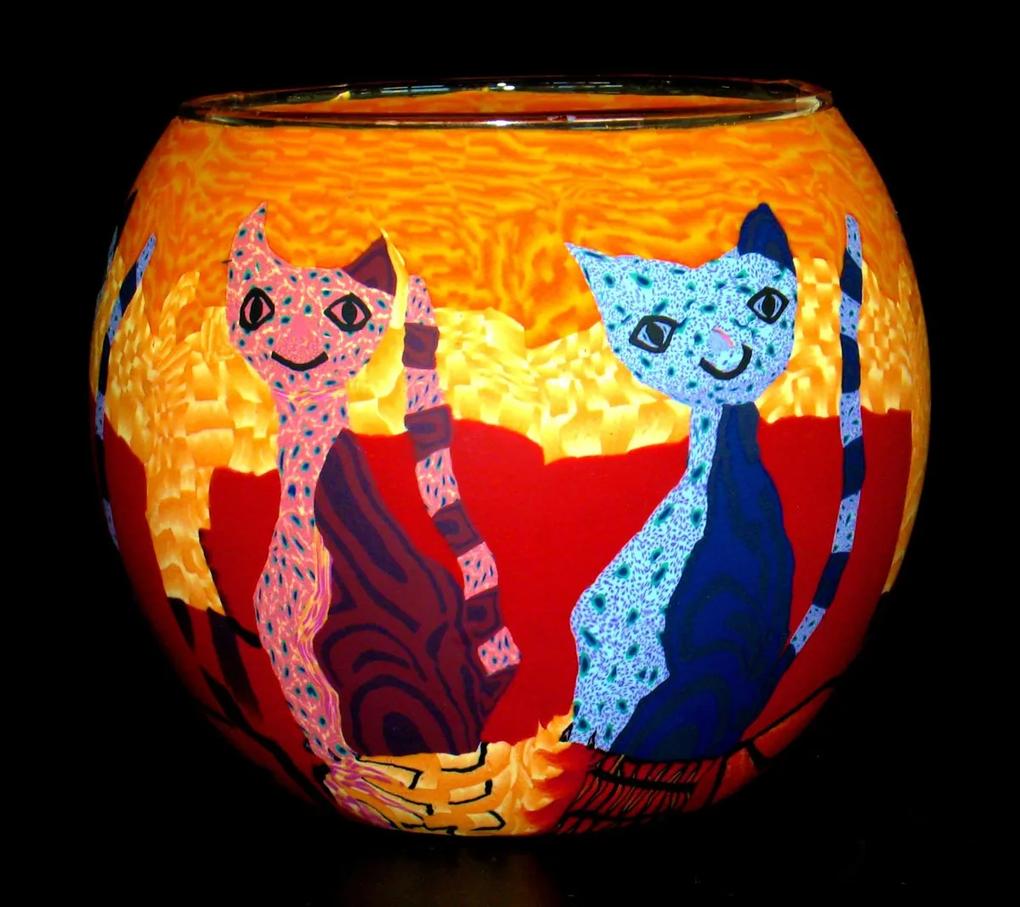 Malovaný skleněný svícen Kočky