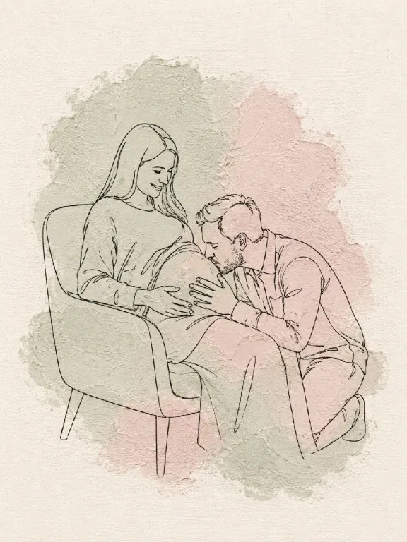 Foto obraz z vlastní fotky na plátno – Těhotenský portrét (Line-art s pastelovými akryly) Rozměry obrazu: 20 x 30 cm