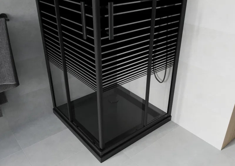 Mexen Rio, čtvercový sprchový kout s posuvnými dveřmi 70 (dveře) x 70 (dveře) x 190 cm, 5mm čiré sklo s pásky, černý profil + černá sprchová vanička SLIM, 860-070-070-70-20-4070B