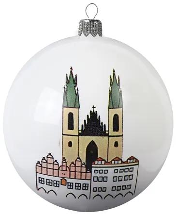 Bílá skleněná koule s dekorem Prahy