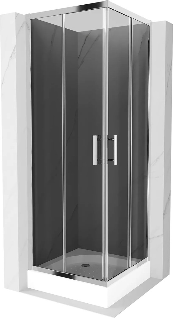 Mexen Rio, čtvercový sprchový kout s posuvnými dveřmi 70 x 70 cm, 5mm šedé sklo, chromový profil + bílá vysoká vanička Rio, 860-070-070-01-40-4510