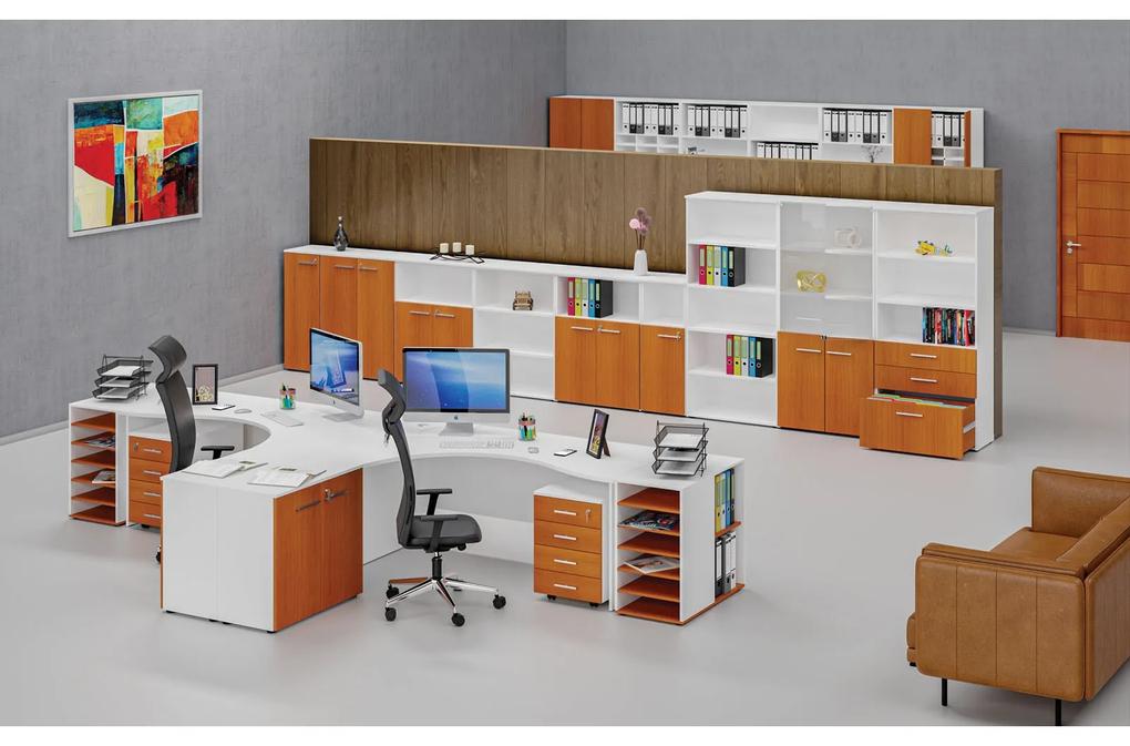 Ergonomický kancelářský pracovní stůl PRIMO WHITE, 1600 x 1200 mm, levý, bílá/třešeň