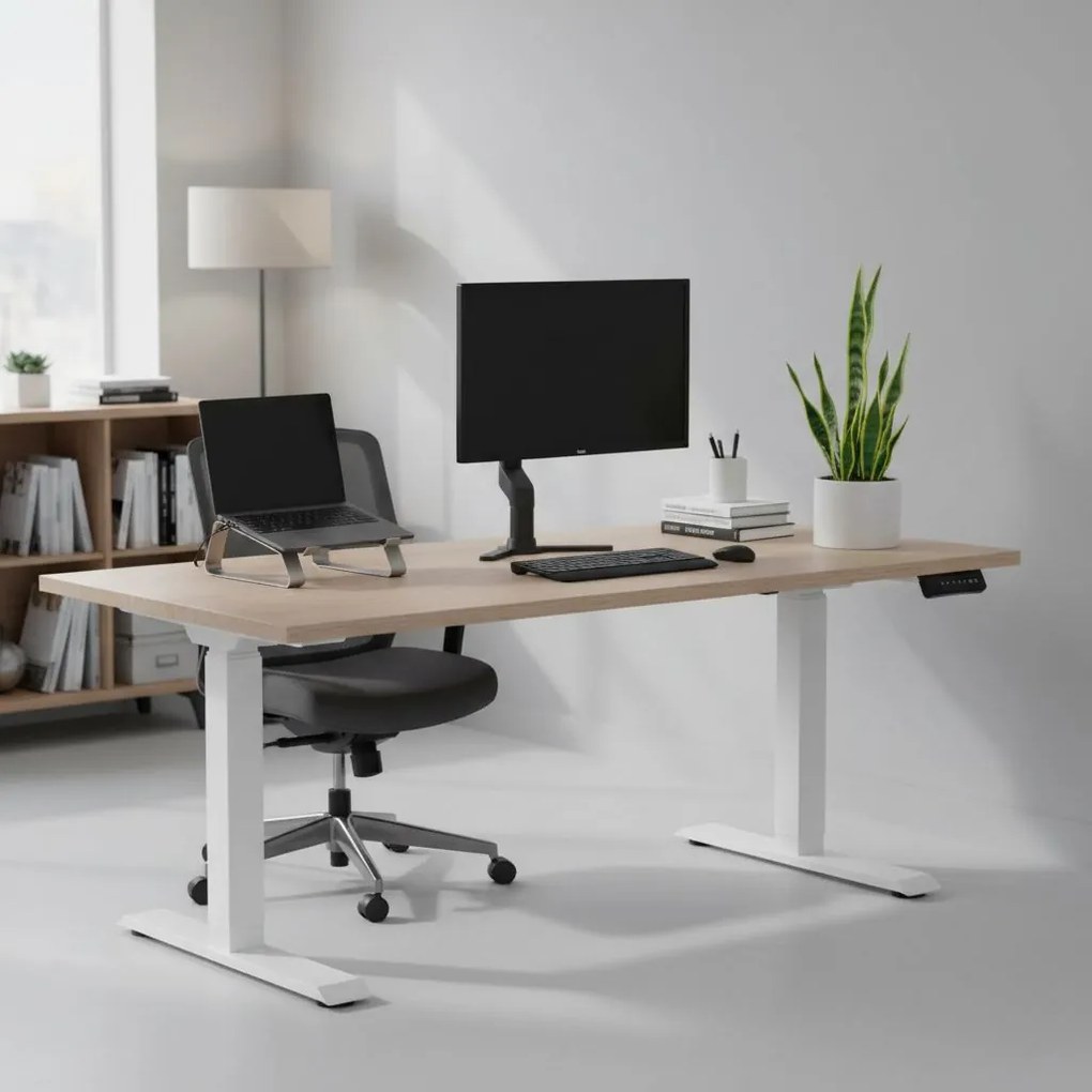 Výškově nastavitelný stůl OfficeTech C, 160 x 80 cm, bílá podnož, dub