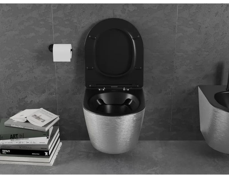 Mexen Lena WC mísa Rimless s pomalu padající deskou slim, duroplast, Matná černá/Stříbrná geometrický vzor - 30224073