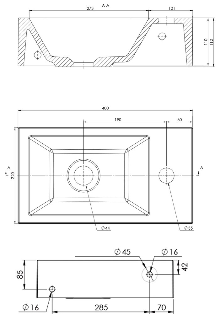 Sapho Sapho, AMAROK litý mramor umyvadlo 40x22cm, černá matná, baterie vpravo, AR500B