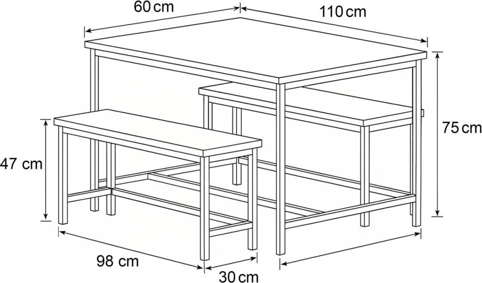 Jídelní set 1+2, rozměr stolu, rozměr lavice 98x30x47, MDF, barva staré dřevo (110 x 60) cm