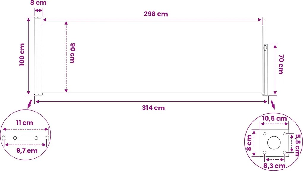 vidaXL Zatahovací boční markýza / zástěna na terasu 100 x 314 cm [42035286] Barva: Šedá