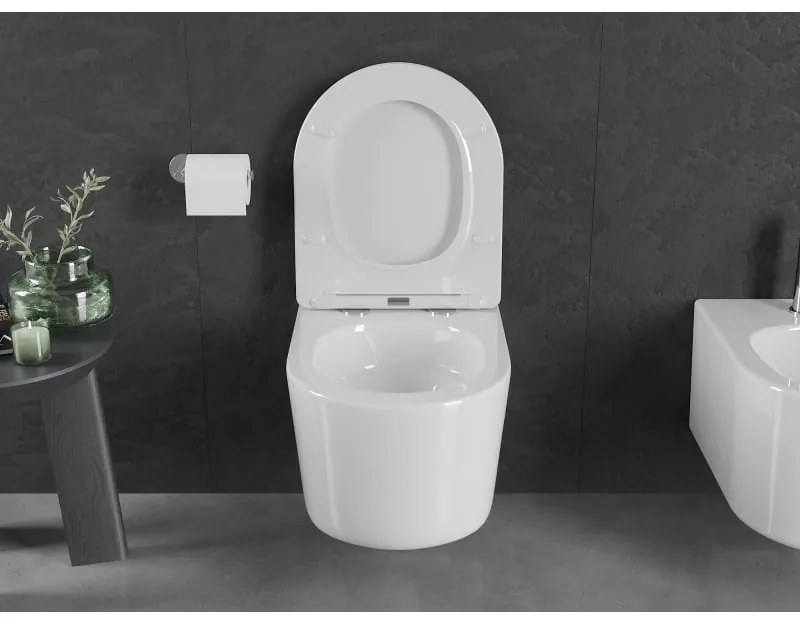 Mexen Sofia, závěsná WC mísa 490x360x355 mm, Rimless Tornádo + WC sedátko z duroplastu, bílá lesklá, 30540400T