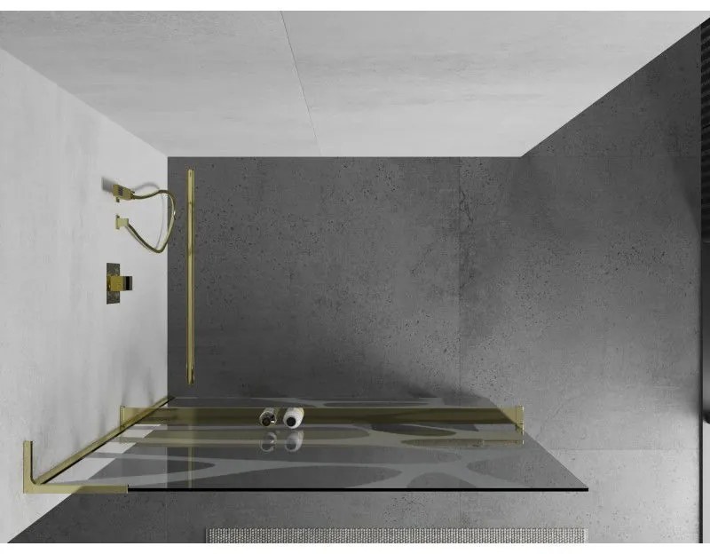 Mexen Kioto+ L, sprchová zástěna Walk-In s poličkou a věšákem 120 x 200 cm, 8mm čiré sklo bílý vzor, zlatý lesklý profil, 800-120-123-50-97
