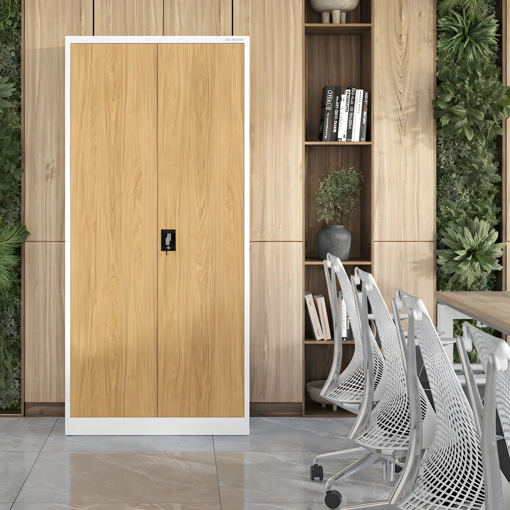 Vysoká kovová kancelářská skříň na dokumenty, bílá/zlatý dub, 900x1950x400 mm: JAN H Eco Design