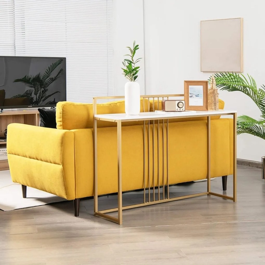 Costway Moderní stolek do předsíně 120 cm s mramorovým vzhledem a zlatým kovovým