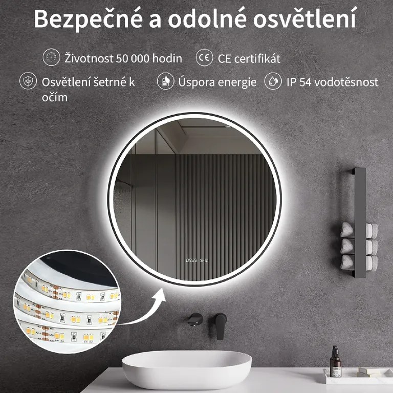 CERANO - Koupelnové LED zrcadlo Rivo, kovový rám - černá matná - Ø 80 cm