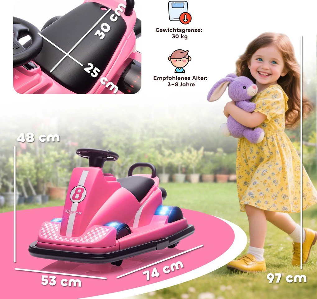 AIYAPLAY Autoskúter pro děti, otočný o 360 stupňů, volant, LED světla, hudební funkce, 3-8 let, růžový