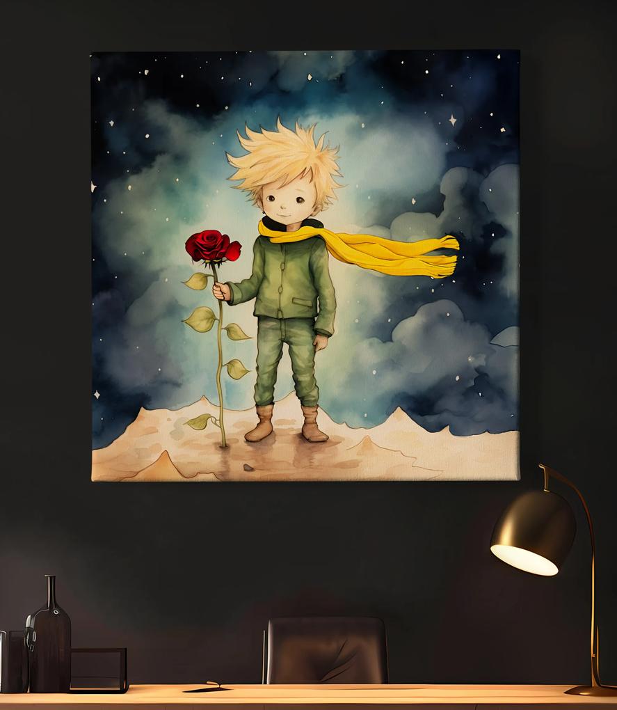 Obraz na plátně - Malý princ na své planetce s milovanou růží (cartoon) FeelHappy.cz Velikost obrazu: 120 x 120 cm