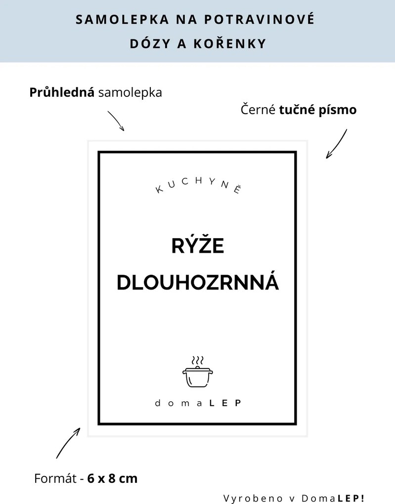 RÝŽE DLOUHOZRNNÁ – průhledná samolepka na dózu, tučné písmo, 6 x 8 cm | DomaLEP