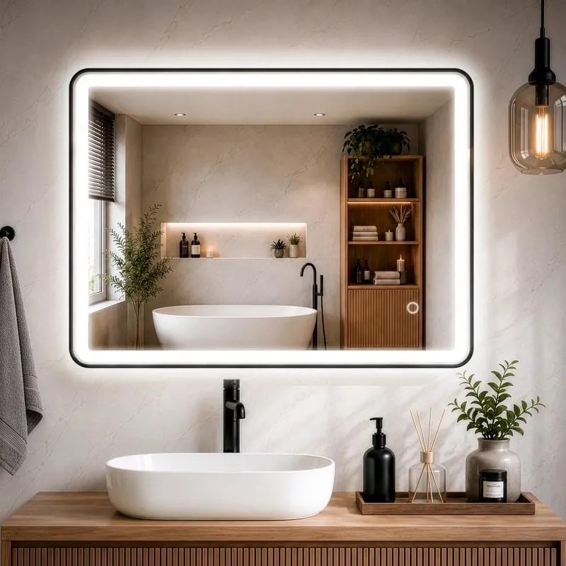 Erga Sari, LED zrcadlo v černém rámu s vyhříváním a dotykovým ovládáním, 80 × 60 cm, černá matná, ERG-YKA-MR.SARI-BLK-60X80