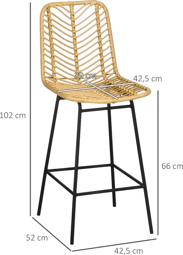 Barová židle HOMCOM, sada 2 kusů s opěradlem, barová židle v ratanovém vzhledu, kuchyňská židle v boho designu, robustní ocelové stoličky, žlutá | Ao…