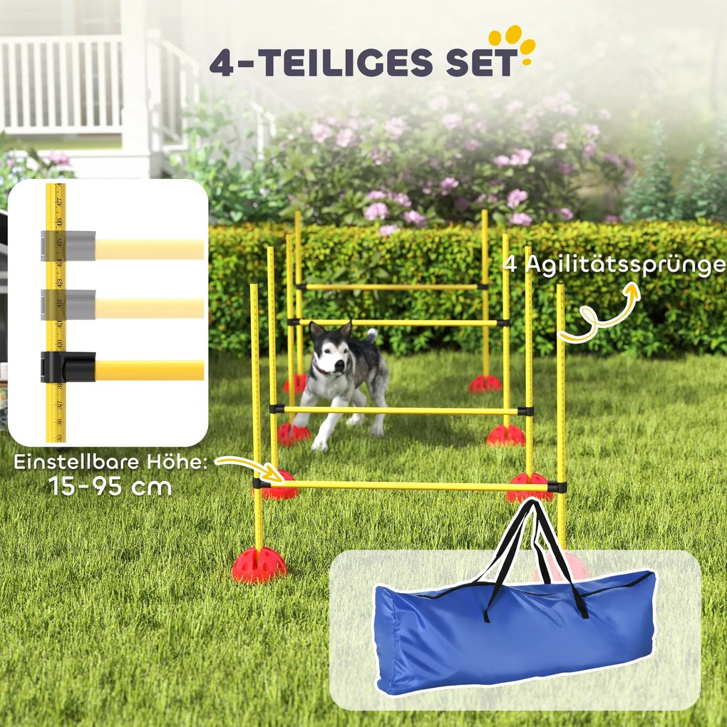 PawHut 4dílná sada agility pro psy se 4 překážkami a přepravní taškou pro trénink skákání, žlutá barva