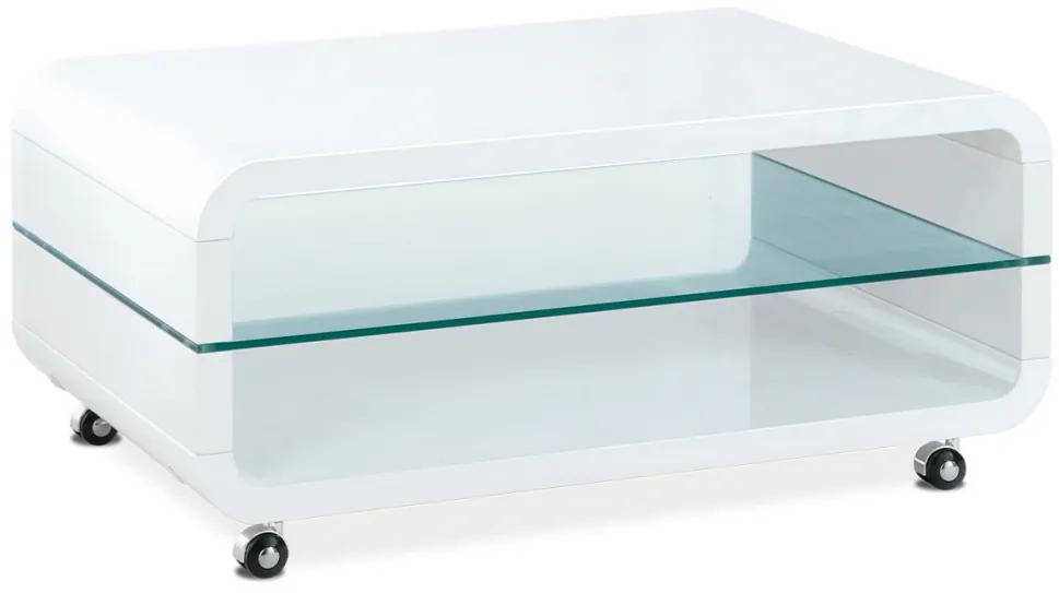 Konferenční stolek na kolečkách MONADO — bílá/sklo, 90×60×40