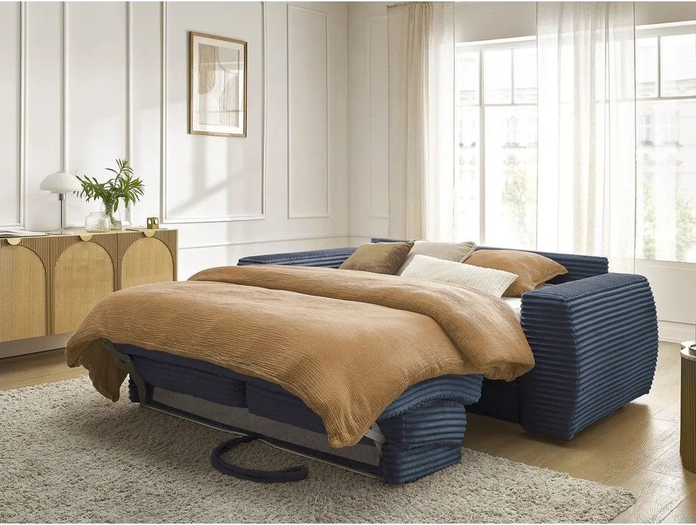 Tmavě modrá manšestrová pohovka na každodenní spaní/rozkládací 220 cm Hugo – Bobochic Paris