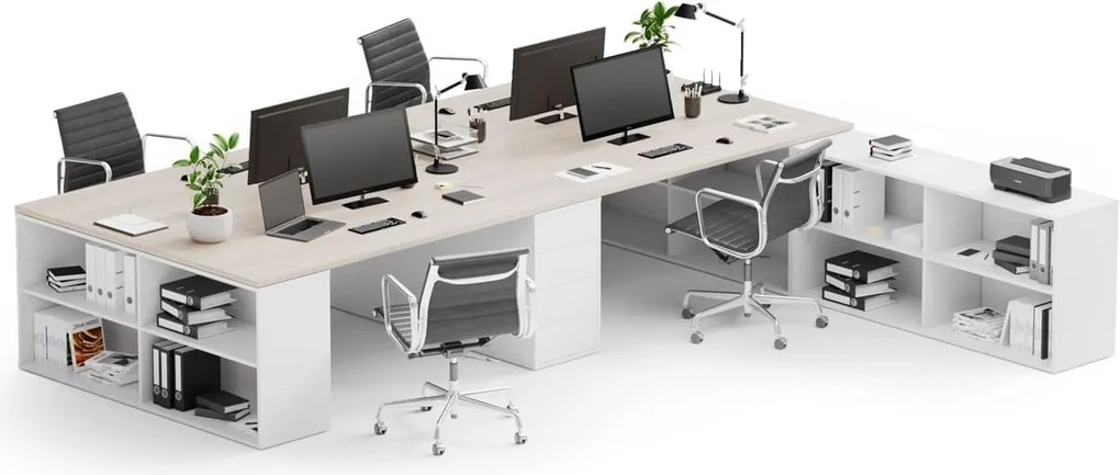 Kancelářská sestava stolů BLOCK B05, 4 místa s úložným prostorem, 360x320 cm, bílá/dub přírodní