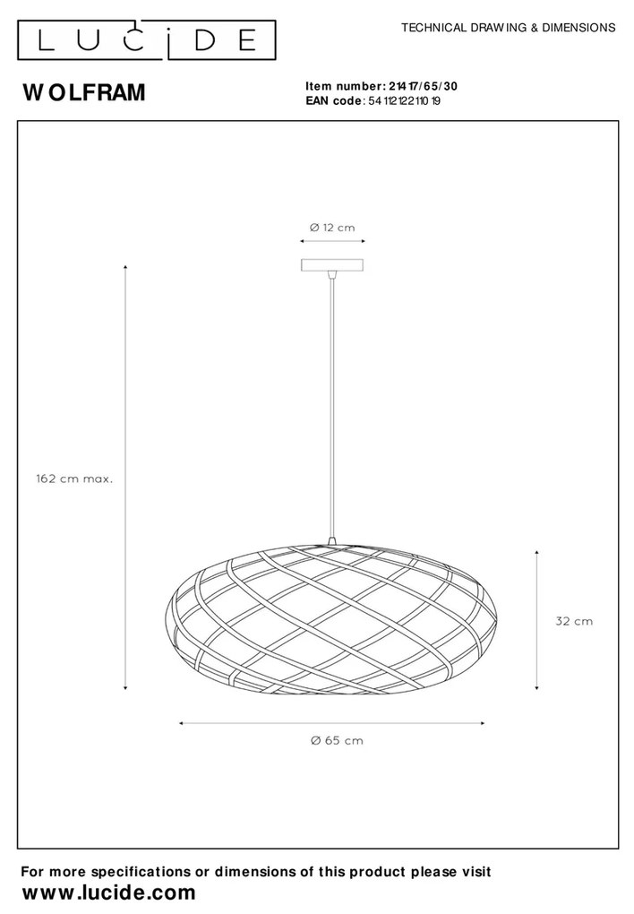 Lucide 21417/65/30 závěsné svítidlo Wolfram černé, E27, ø65cm