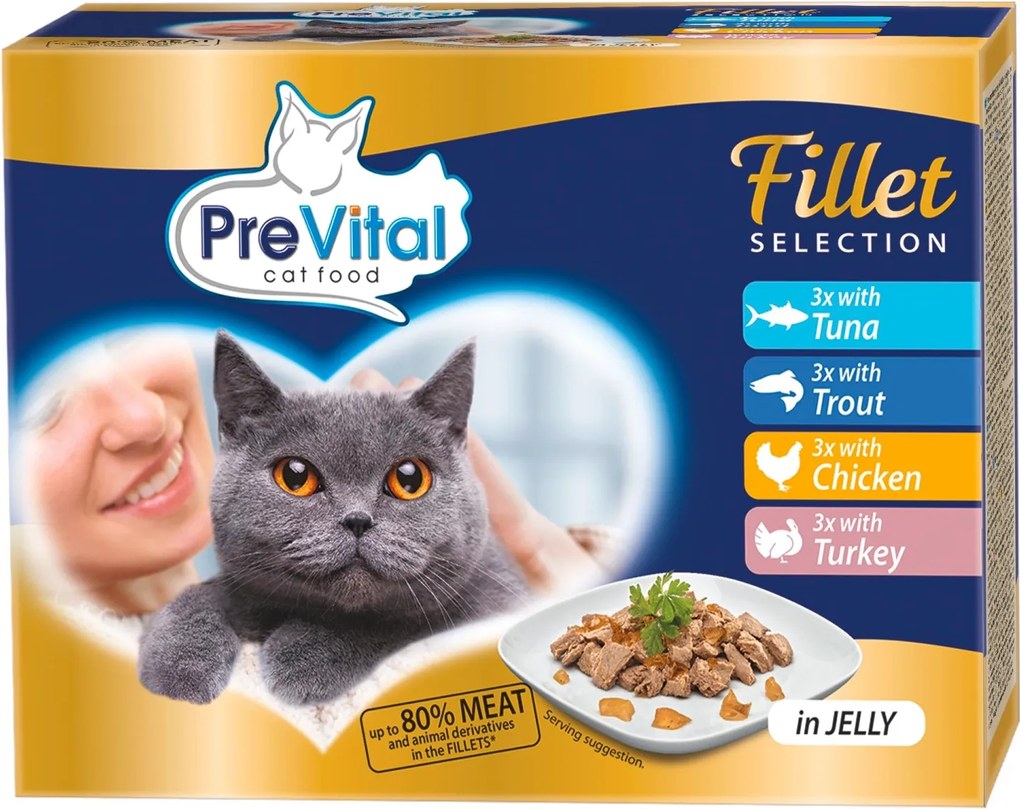 PreVital Kapsičky pro kočky filetky v želé - kuře/krůta/tuňák/pstruh, 12x 85 g