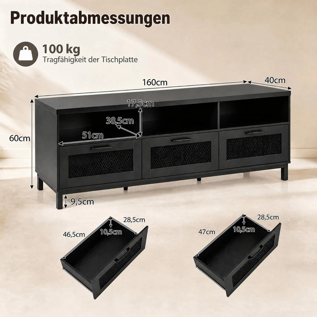 Costway Televizní stolek 160 cm se 3 přihrádkami, černý