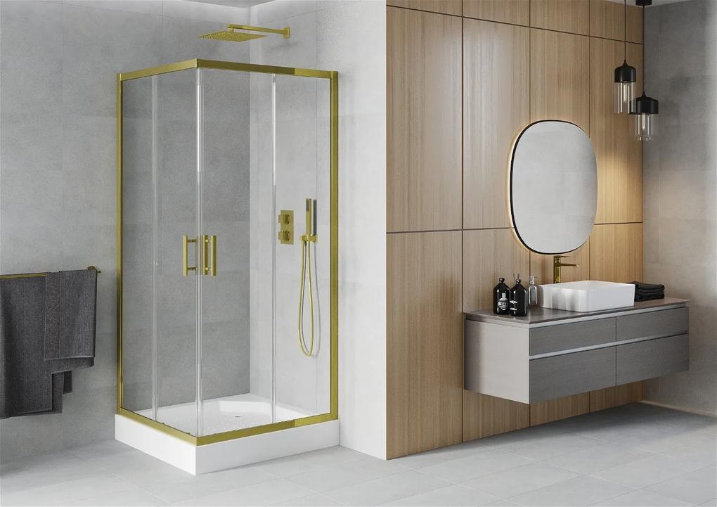 Mexen Rio, čtvercový sprchový kout s posuvnými dveřmi 90 (dveře) x 90 (dveře) x 190 cm, 5mm čiré sklo, zlatý profil + bílá sprchová vanička RIO, 860-090-090-50-00-4510
