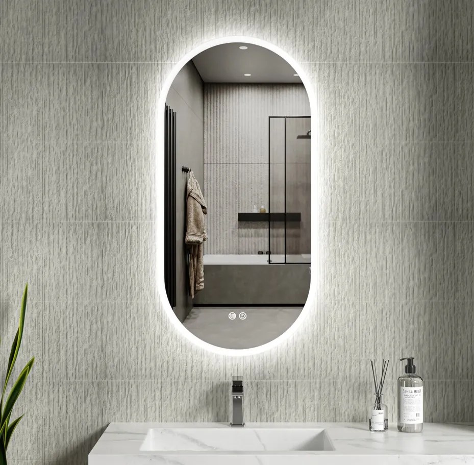 Erga Demi, oválné LED zrcadlo 50x100cm, 3 barvy světla, přední osvětlení, topná podložka proti zapaření, ERG-V01-DEMI-5010-CL