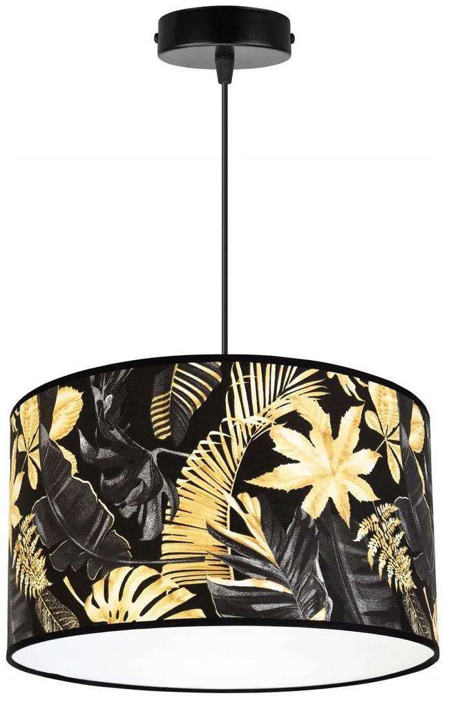 Závěsné svítidlo GOLD FLOWERS, 1x černé textilní stínítko s květinovým vzorem, (fi 35cm)