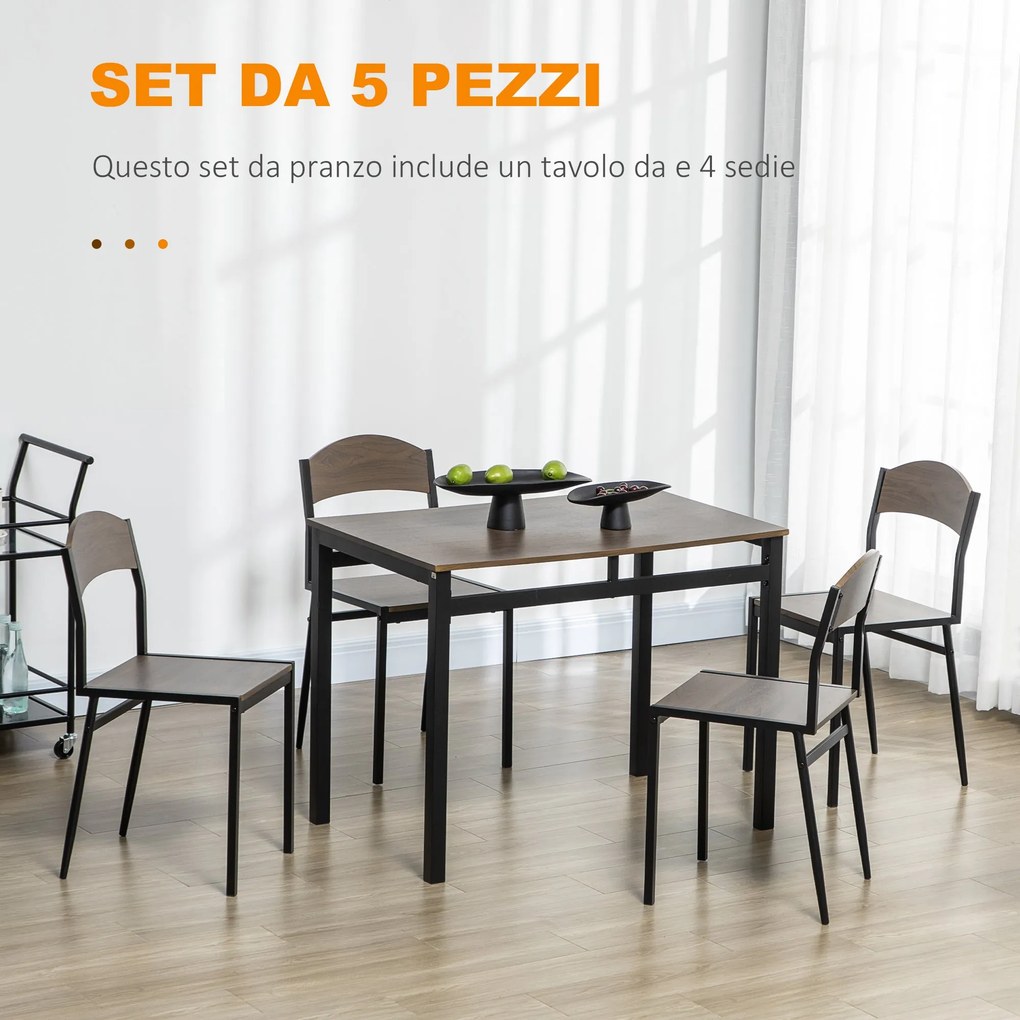 HOMCOM 5-dílná jídelní souprava se 1 obdélníkovým stolem 100x63x76.5 cm a 4 židlemi 45x40x82 cm, v kovu a MDF, černá a hnědá
