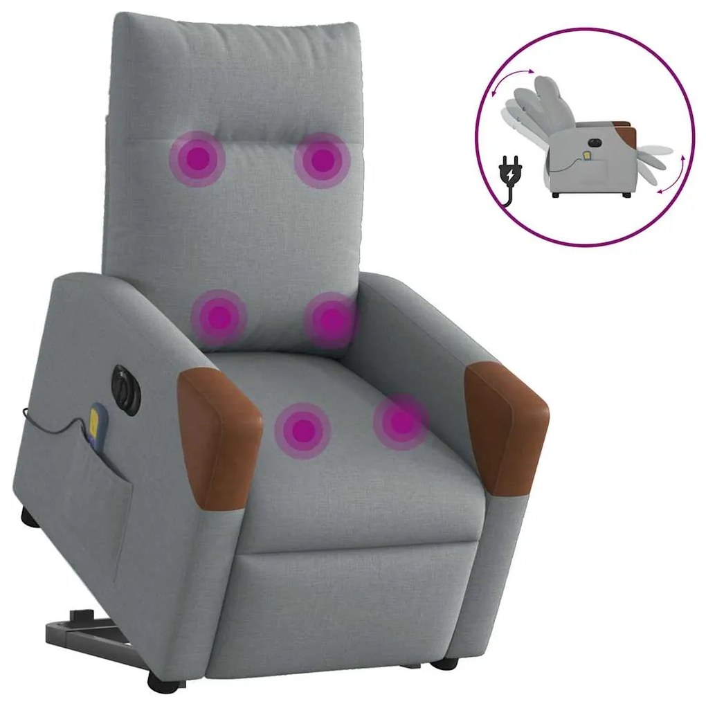 Elektrické zvedací masážní polohovací křeslo světle šedé textil 3324030