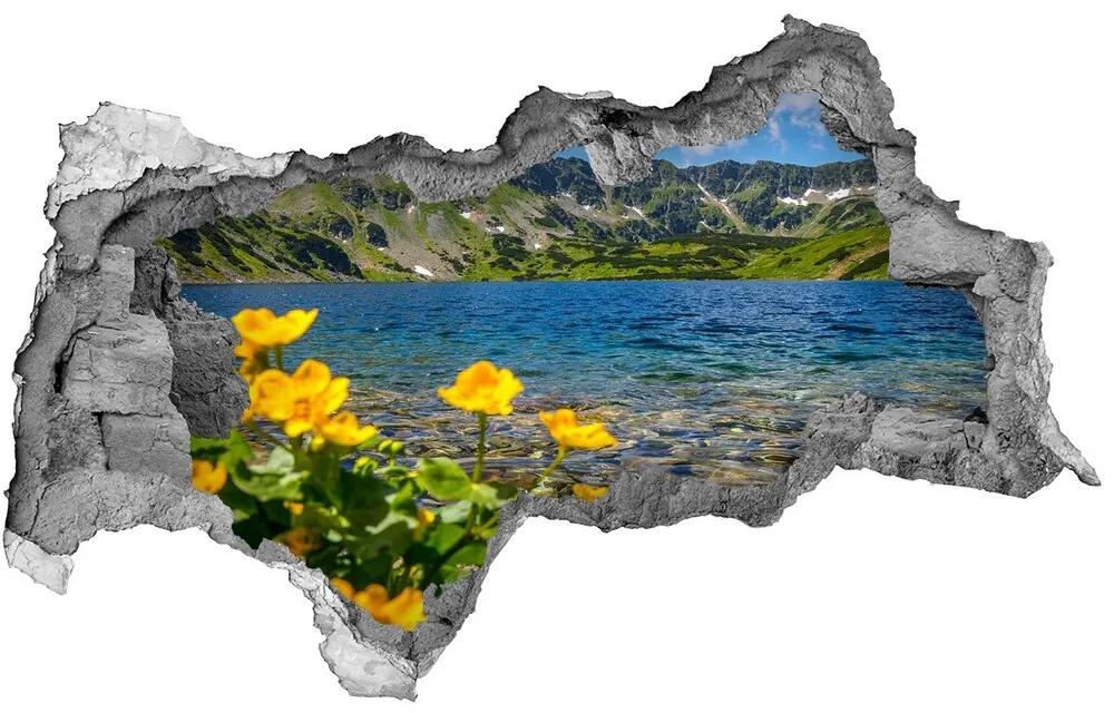 Wallmuralia Díra 3D ve zdi nálepka Jezero v horách 95x73 cm