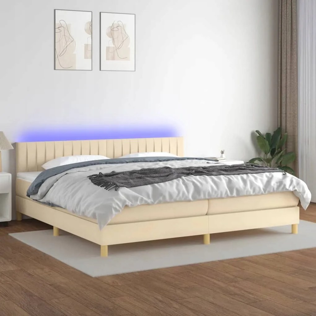 Box Spring Postel S Matrací A Led Textil Krémová Svislé pruhy 200 x 200 c