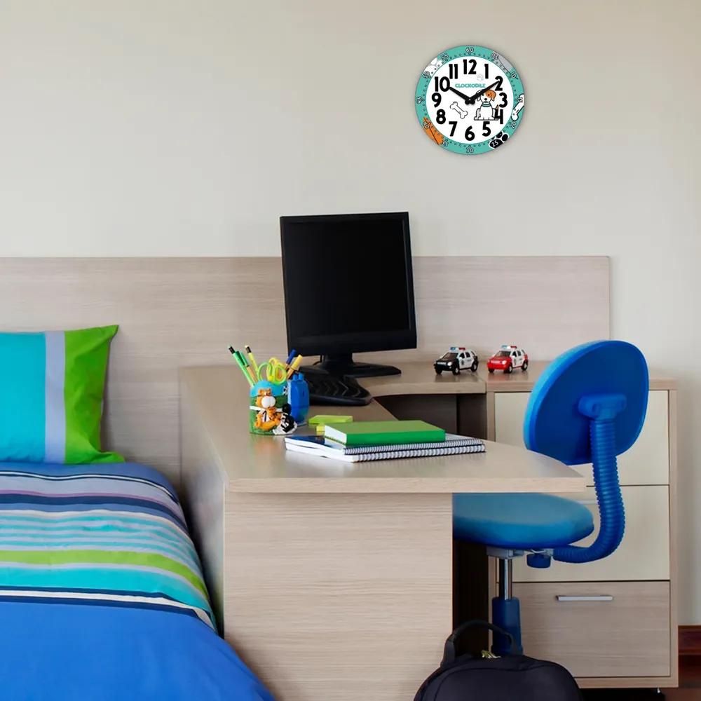 CLOCKODILE Dětské barevné nástěnné hodiny modré s pejskem ⌀25cm CCT0033