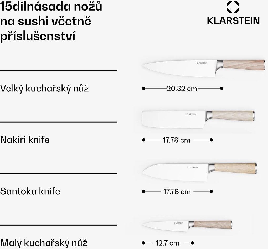 Klarstein Shibui sada nožů na sushi, 15 dílů, 4 nože s praktickým příslušenstvím