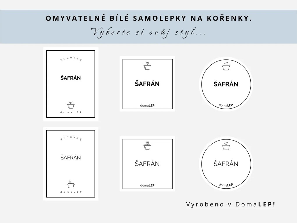 ŠAFRÁN - omyvatelná samolepka na kořenky, výběr rozměrů Ø 5 cm / 5 x 5 cm / 6 x 8 cm | DomaLEP tvar: KOLEČKO, barva: BÍLÁ - ČERNÉ písmo, velikost: Ø 5 cm - základní písmo