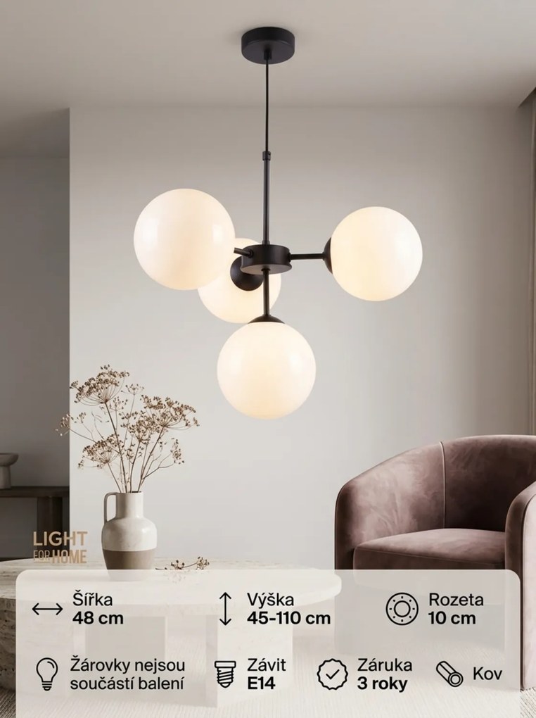 Light for home - Černý závěsný lustr se stínidlem v bílé barvě a možností regulace " IMPERIA", 4x40W, E14, Černá