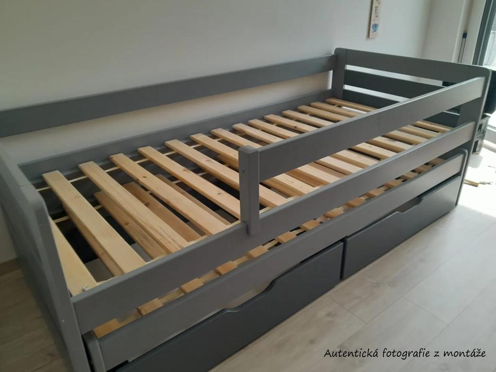 Dětská postel z masivu borovice TOMÁŠ II s přistýlkou a šuplíky - 200x90 cm - grafit/šedá