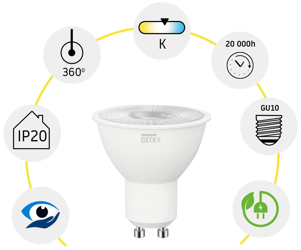 Toolight Toolight, LED žárovka GU10, 5W, 400lm, 4000K, neutrální barva, RSL041, OSW-20024