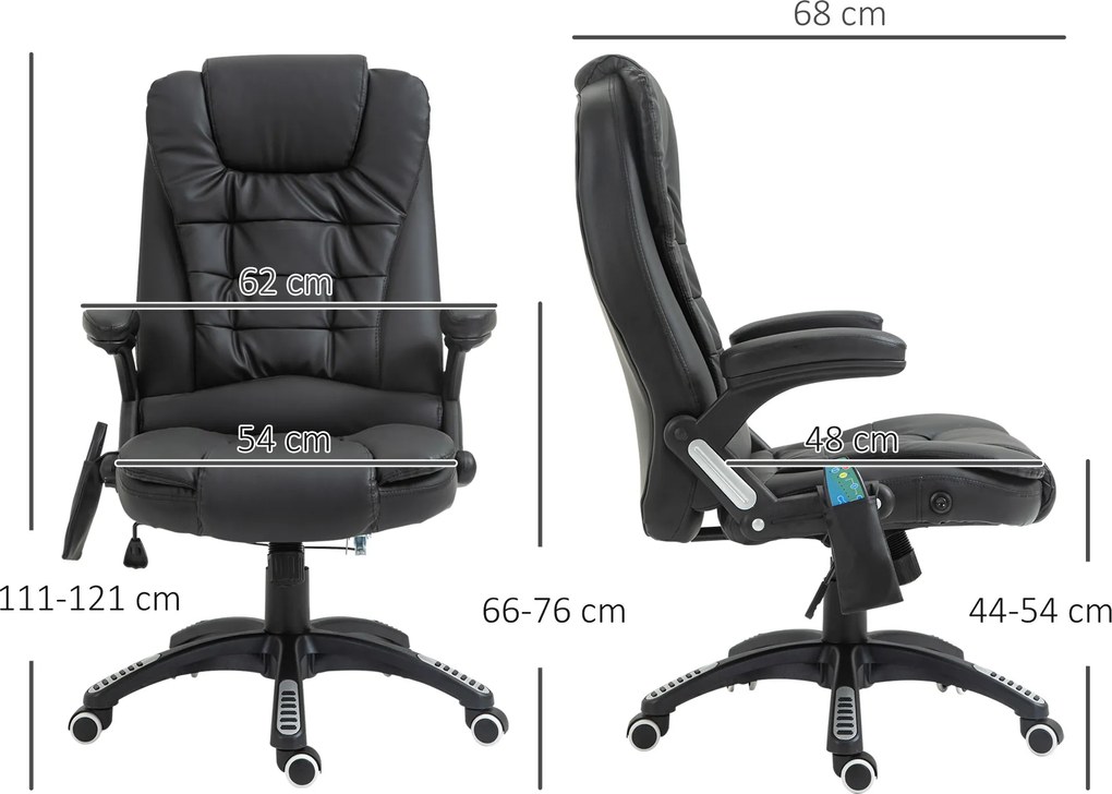 HOMCOM Kancelářské křeslo Manažerské křeslo s 6bodovou vibrační masáží a funkcí vyhřívání, imitace kůže, otočné, 62x68x111-121cm| Aosom