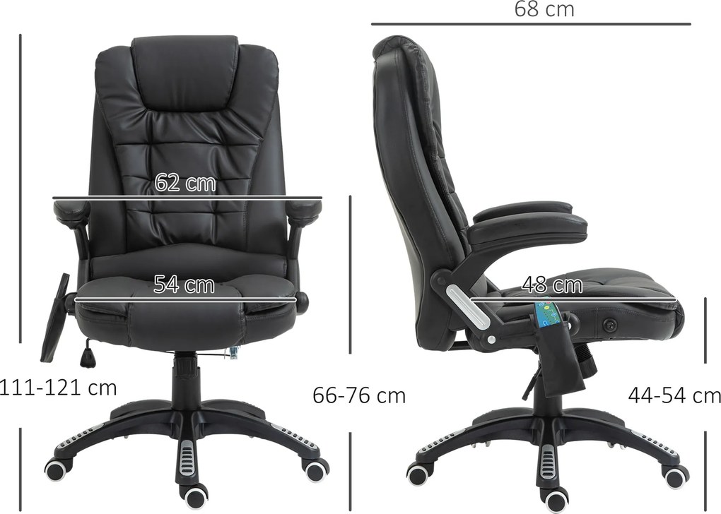 HOMCOM Kancelářské křeslo Manažerské křeslo s 6bodovou vibrační masáží a funkcí vyhřívání, imitace kůže, otočné, 62x68x111-121cm