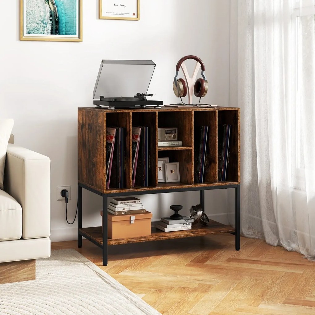 Costway Stojan na gramofon s nabíjecí stanicí a vinylovou postranní úložnou