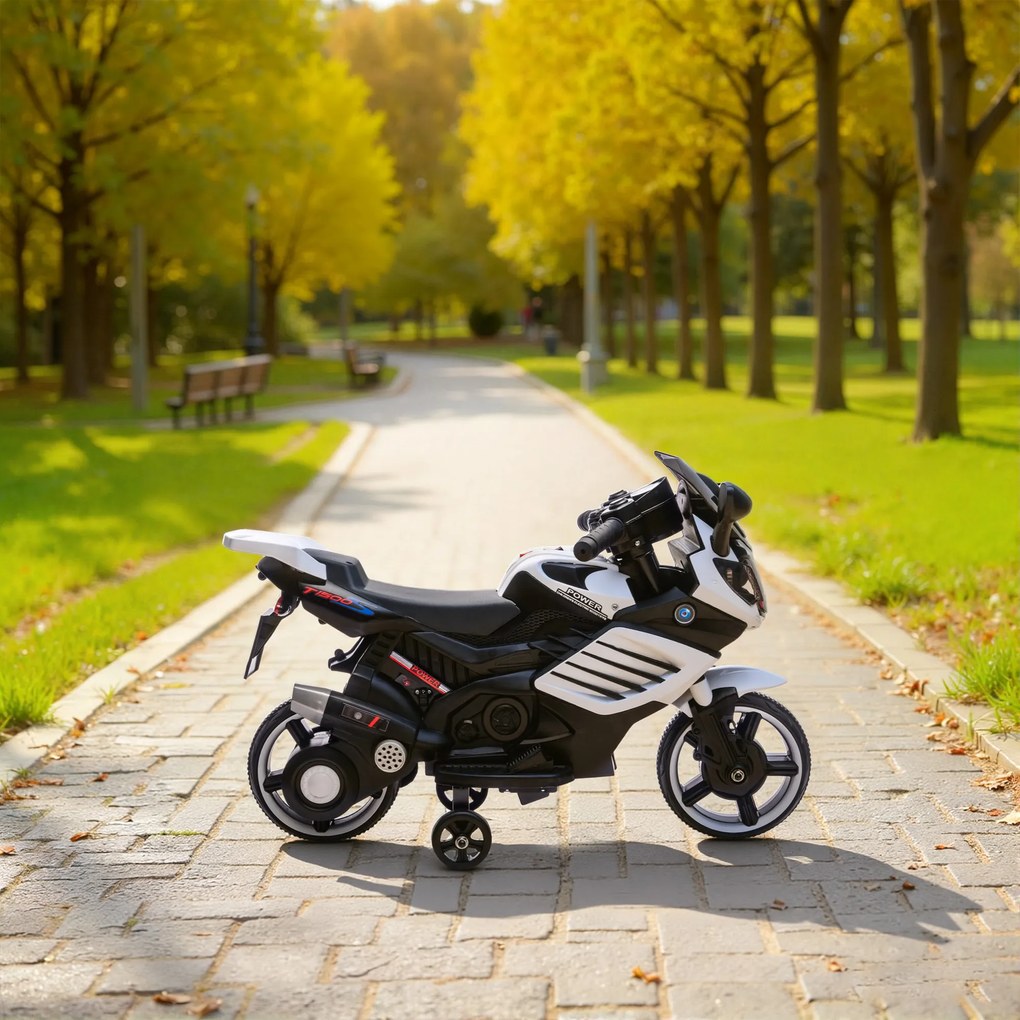 AIYAPLAY 6V elektrická motorka pro děti s odnímatelnými pomocnými koly, světlomety a hudbou, věk 18-36 měsíců, bílá